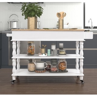 Rolling OAK Wood Top Kitchen Cart, White 2-sided Kitchen Island on ...
