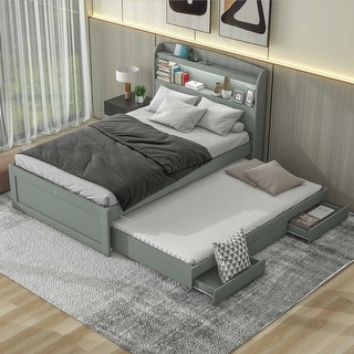 Twin XL/Full XL Size Bed Frame with Twin Size Trundle and 2 Storage ...
