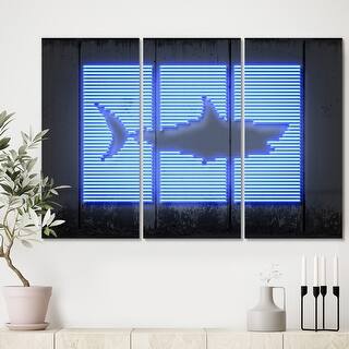 Designart "Blue Neon Shark" Modern Canvas Wall Art - 36x28 - 3 Panels ...