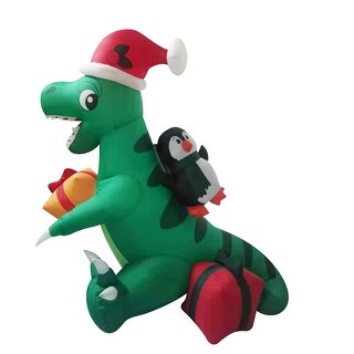 6 FT Joyfy Inflatable Penguin Sledding on Dinosaur with Built-in LEDs ...