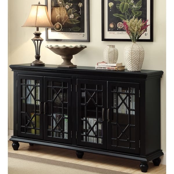 Decorative Lattice Overlay Design Black 4-door Accent Buffet Cabinet ...