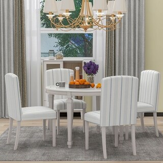5-Piece Wood Fixed Dining Table Set with Round Table and Striped Fabric ...