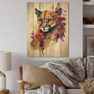 Designart 'Cute Puma Floral Art II' Animals Puma Wood Wall Art ...