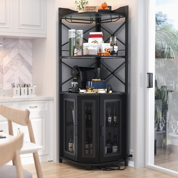 Corner Bar Cabinet with Charge Station and LED Light Liquor Display Cabinet with Glass Holder Brown Dark Grey
