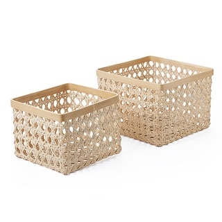 Set Of Two Square Natural Cane Storage Bins With Bamboo Rim - Natural ...