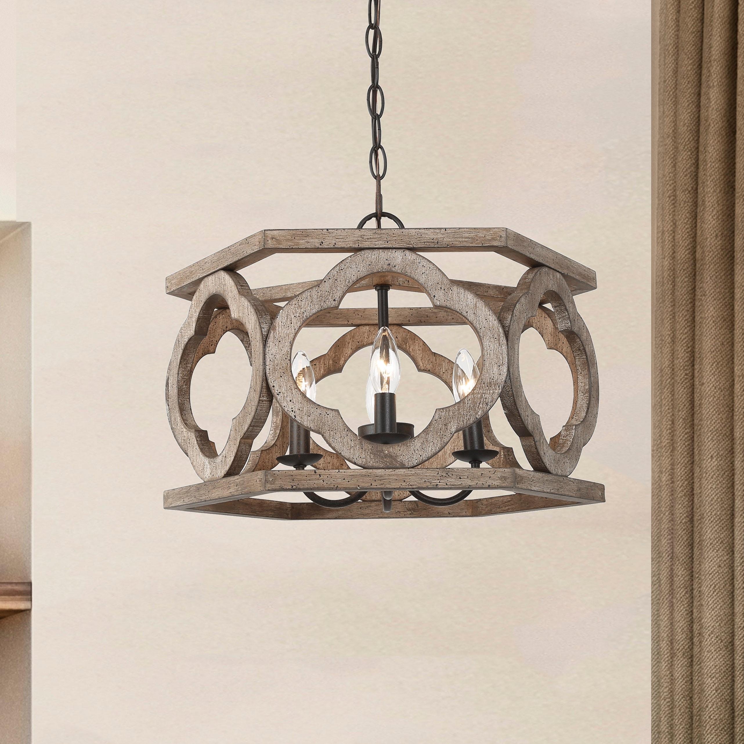 Clovy Farmhouse 4-Light Wood Lantern Chandelier for Kitchen Island with ...