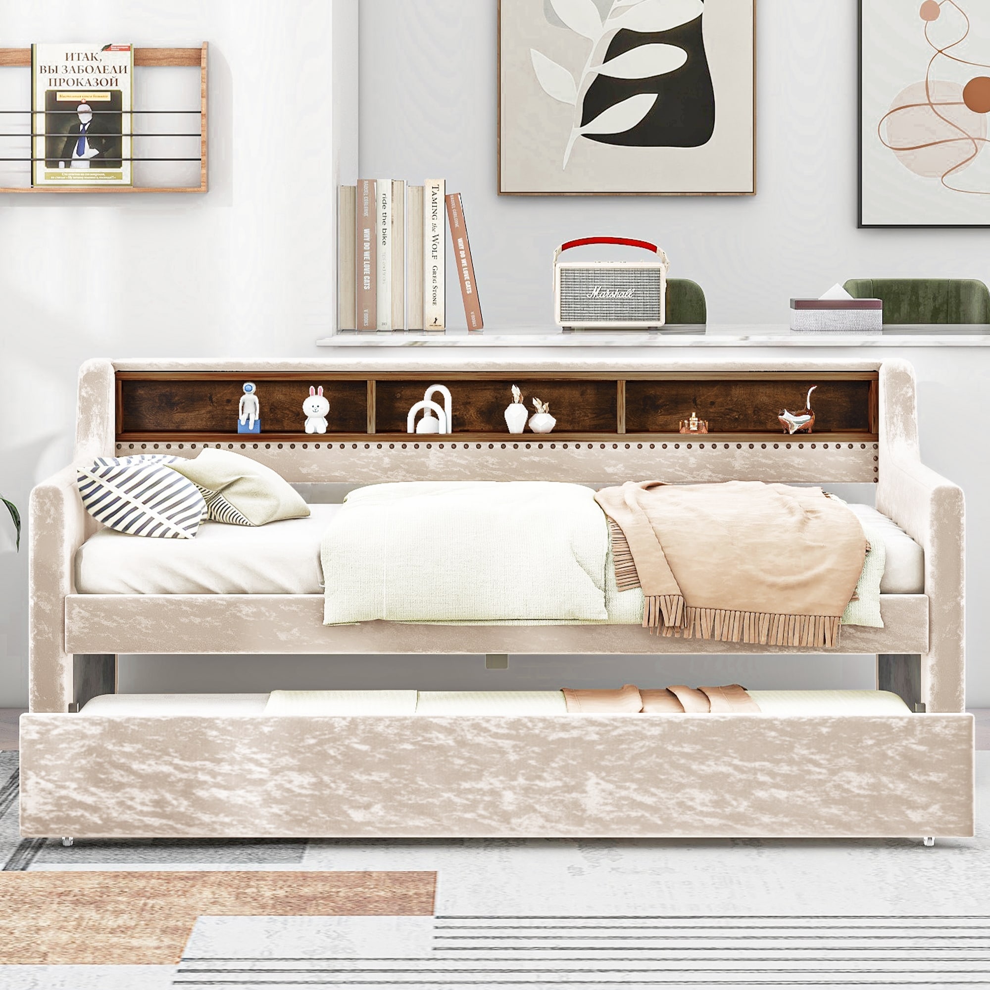 Beige Velvet Snowflake Upholstered Daybed Platform Sofa Bed with ...