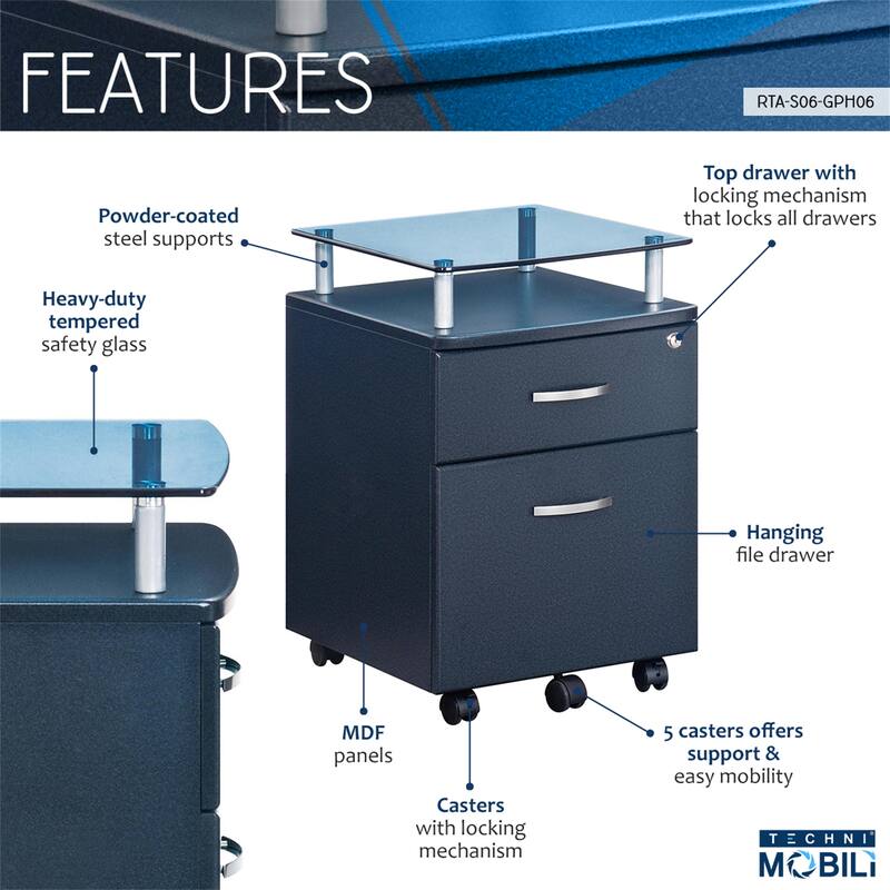 Graphite Mobile Rolling File Cabinet with Glass Top - Overstock - 36629255