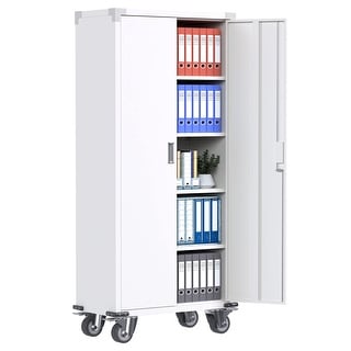 White Office File Cabinet on Wheels,Locking Metal Storage Cabinet with ...
