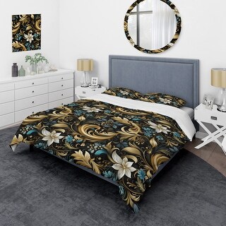 Designart "Black And Gold Damask Flower Blossoms" Gold Damask bed cover ...