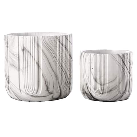 6, 4 Inch Round Cement Pot, Debossed Column Pattern, Set of 2, White ...