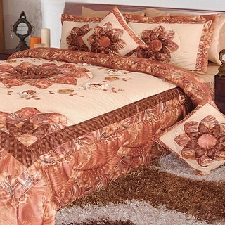 Twin Embellished Puffy Floral Shiny Comforter Bedspread Set Brown - Bed ...