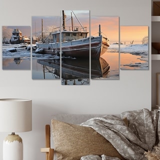 Designart "Winter Icy Harbor II" Transportation Multipanel Canvas Print ...