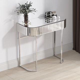 Gray Striped Mirrored Vanity Table with Stainless Steel Glossy Frame ...