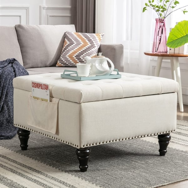 Square Storage Ottoman Bench Upholstered Tufted Foot Rest Linen Fabric ...