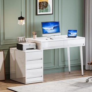 Modern White Computer Desk with 5 Storage Drawers, Home Office Writing ...