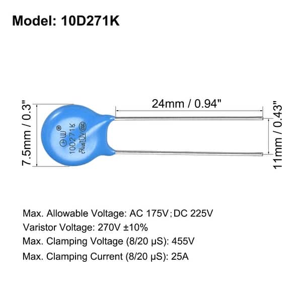 20Pcs Voltage Dependent Resistors AC 175V 10D271K Radial Disc Varistors ...