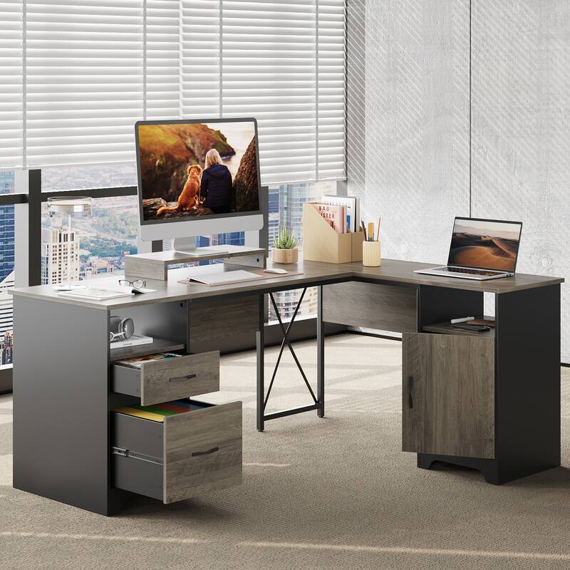Bestier 63'' L Shaped Home Office Desk with File&Storage Drawers and ...