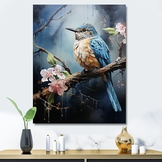 Designart "Blue Bird Murmurs In Moonlight V" Bird Wall Art Print Blue ...