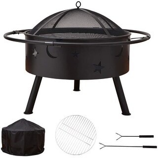 Outdoor Portable 32 Inch Steel Round Fire Pit with BBQ Grill, Cooking ...