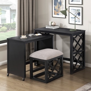 Desks and Stool Set 3pc Black Finish Rolling Desk with Casters, 2 ...