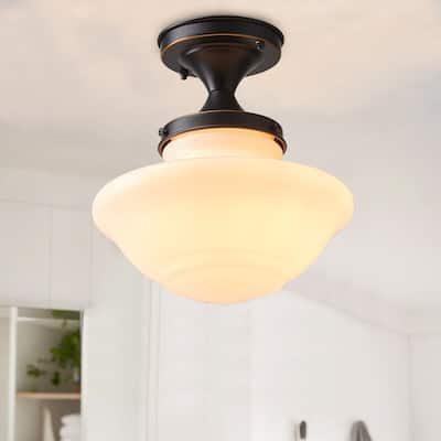 1-Light Black Finish Opal Glass Semi-Flush Mount Ceiling Lamp - Bed ...