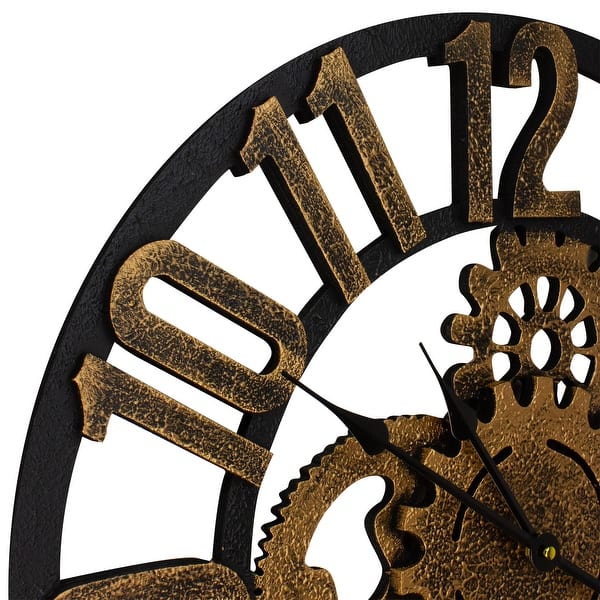 24" Gold and Black Battery Operated Round Wall Clock with Cogs - Bed ...