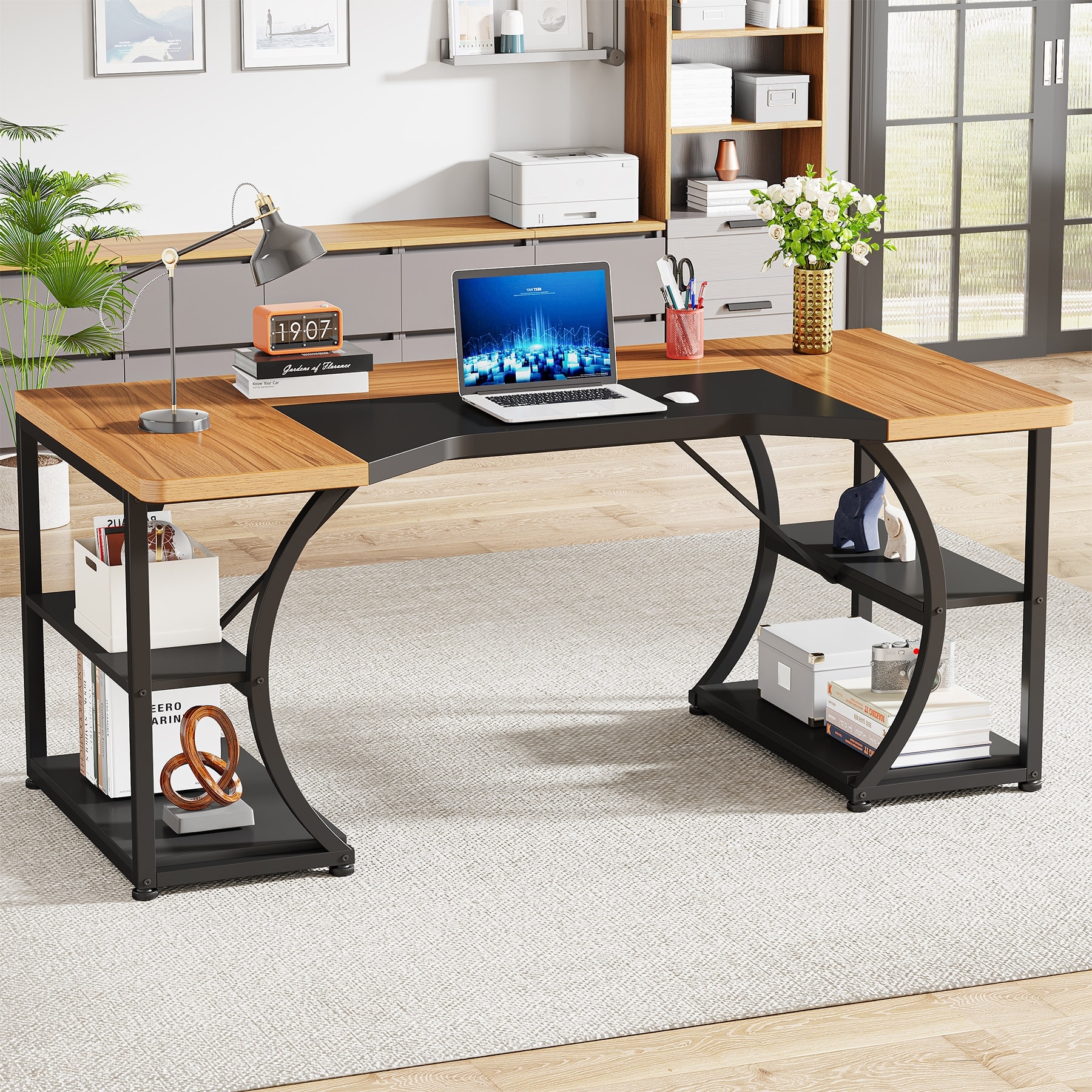 63 inch Home Office Desks with Storage Shelves and Ergonomic Curved Edge