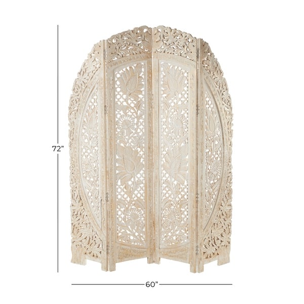 White Wood Handmade Foldable Arched Partition 4 Panel Floral Partition ...