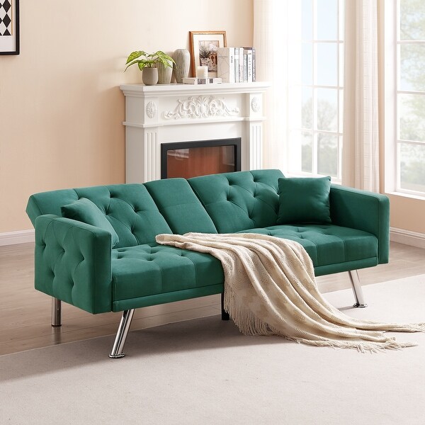 76 Inch Futon Sofa Bed with Cup Holders Linen Convertible Folding Futon Couch with Adjustable Backrest and Throw Pillows On Sale Bed Bath Beyond 37310648