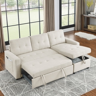 Beige Reversible Sleeper Sectional Sofa with Storage Chaise and Pocket ...
