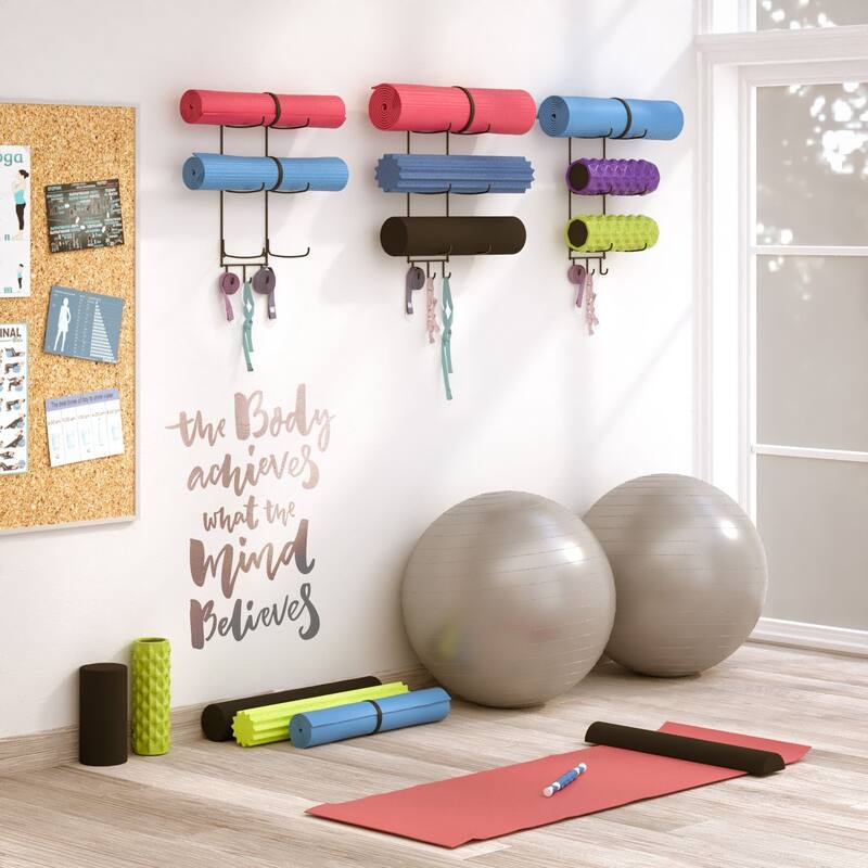 Wall Mount Yoga Mat Holder and Foam Roller Rack with 3 Hooks (Set of 3 ...