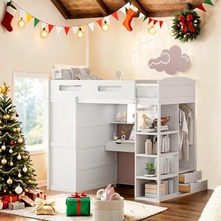 Twin Size Loft Bed with Desk, Wardrobes,4 Drawers&4 Shelves,White - Bed Bath & Beyond - 41405741