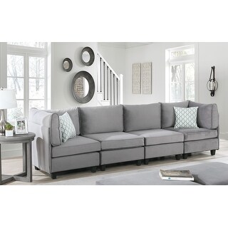Grey Velvet 4-Seater Sofa - Coil Spring Cushioning for Soft Comfort ...