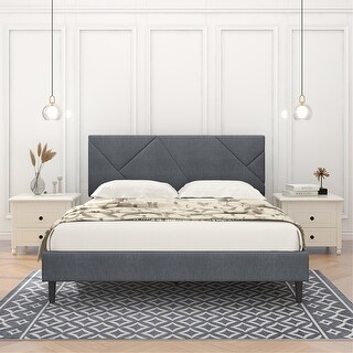 Queen Size Linen Sqaure Upholstered Platform Bed with Slat Support ...