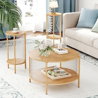 Boho 3-Piece Coffee Table Set with Hand-Woven Rope, Wooden Round Tables ...