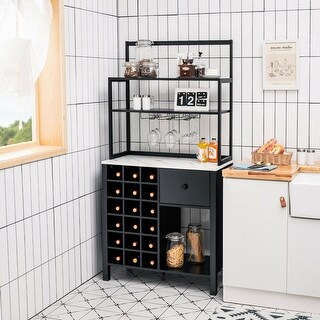 Kitchen Baker Rack Freestanding Wine Rack Table w/ Drawer Black/Rustic ...