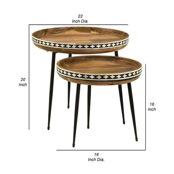 2 Piece Nesting Tables with Inlaid Bone Detail Design, Mango Wood ...