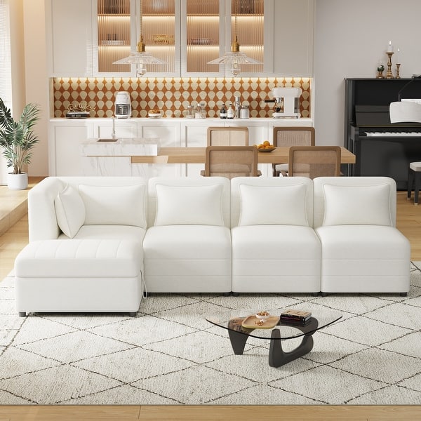 Chenille Fabric Sectional Sofa Sets L-shape Cream Sectionals Corner Sofa with Stroage Ottomans ...