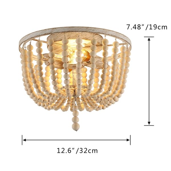 Vintage Beige 2-Light Bohemia Style Wood Bead Flush Mount Lighting ...