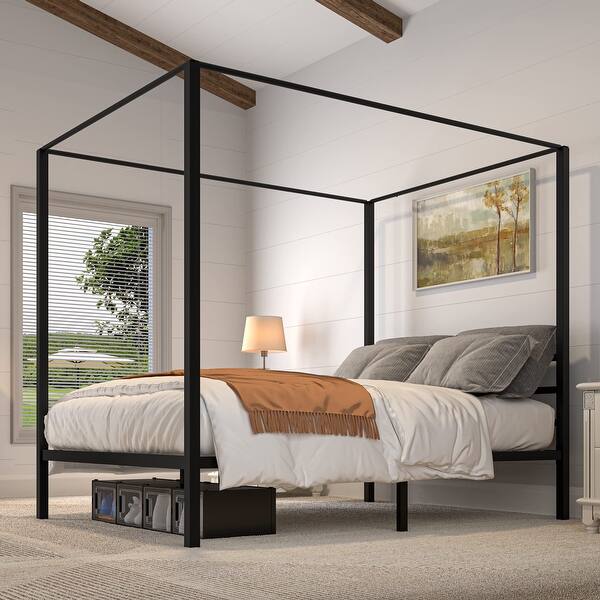 Bed Frame Metal Four Posters 14 Inch Platform with Built-in Headboard ...
