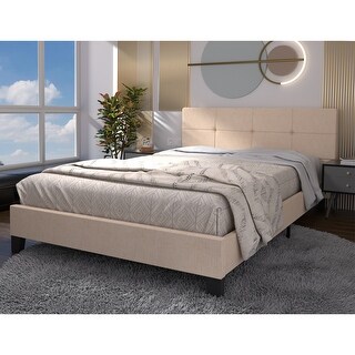 Upholstered Beige Linen Full Platform Bed Frame with Wood Slats - Bed ...