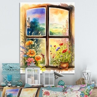 Designart "Summer Sunset Floral Window Ii" Farm Windows Wall Art For ...