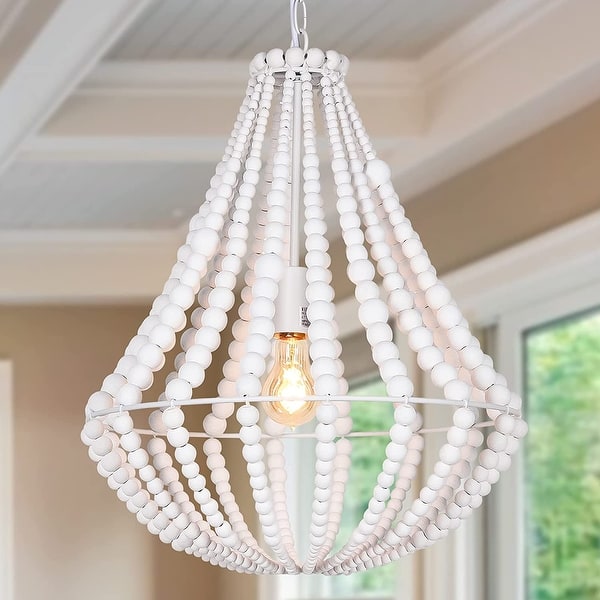 White Pendant Light Fixtures, Wood Beaded Chandelier, Farmhouse Pendant ...