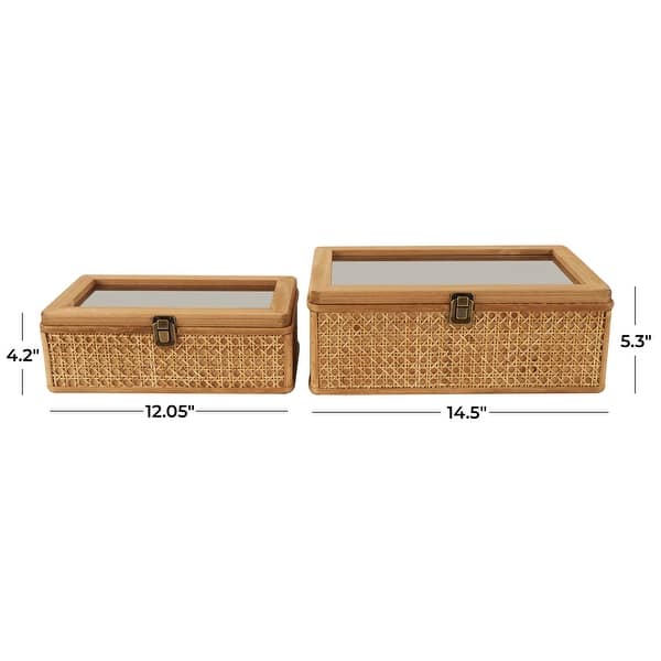 Brown Rattan Handmade Woven Rattan Box with Glass Tops and Bronze ...