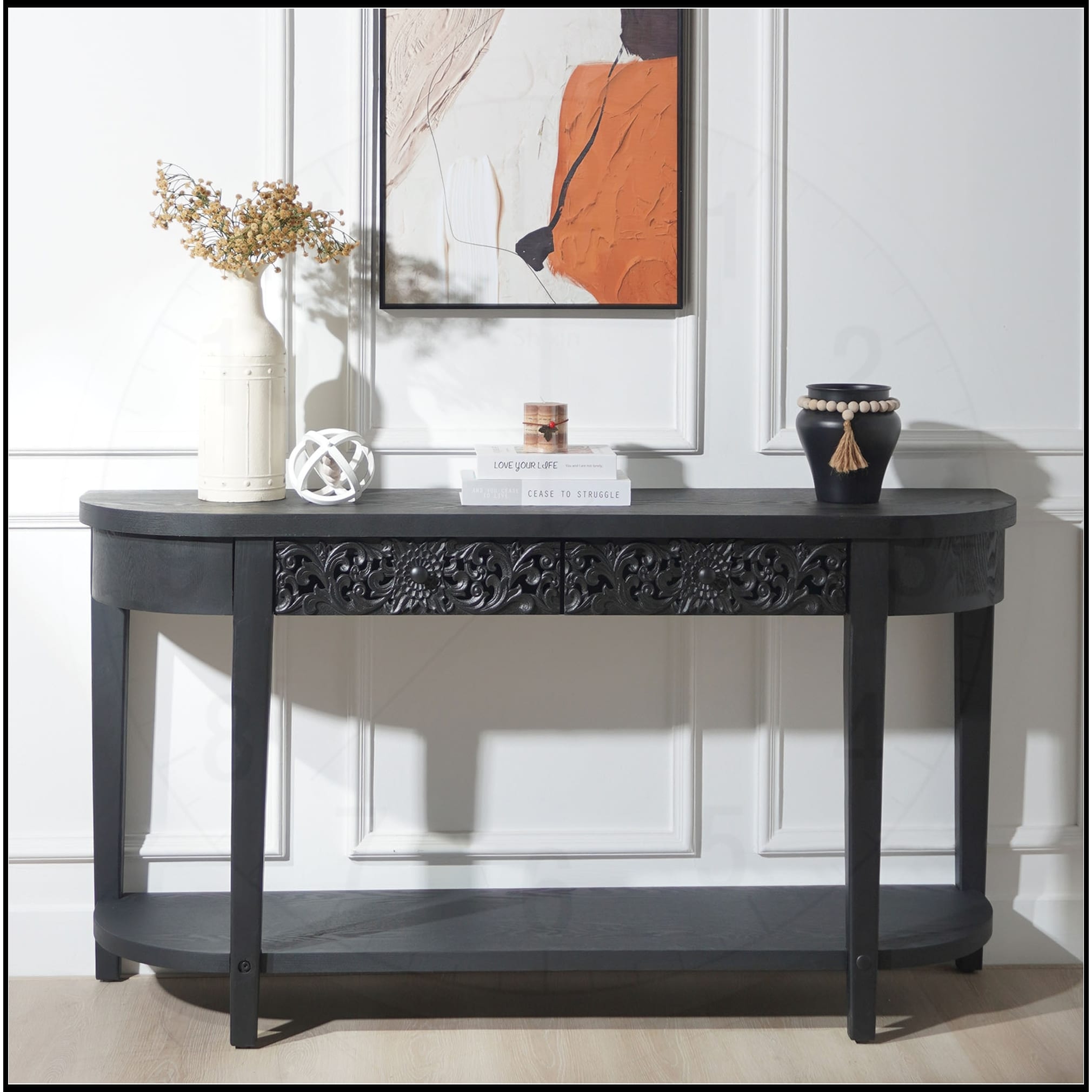 black half circle console table