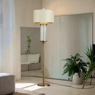 Matte Gold Crystal Column Floor Lamp with Off-White Drum Shade, Clear ...