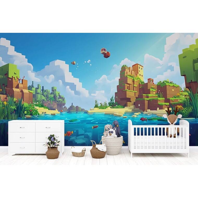 Blocks Ocean Wall Mural for Kids Pixel Art Adventure Room Decor ...