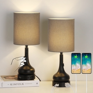 Bedside Lamps with USB&AC Outlet Set of 2, Pull Chain Switch - Bed Bath ...