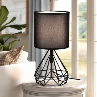Black Modern Table Lamp Geometric Metal Base with Fabric Shade - Bed ...